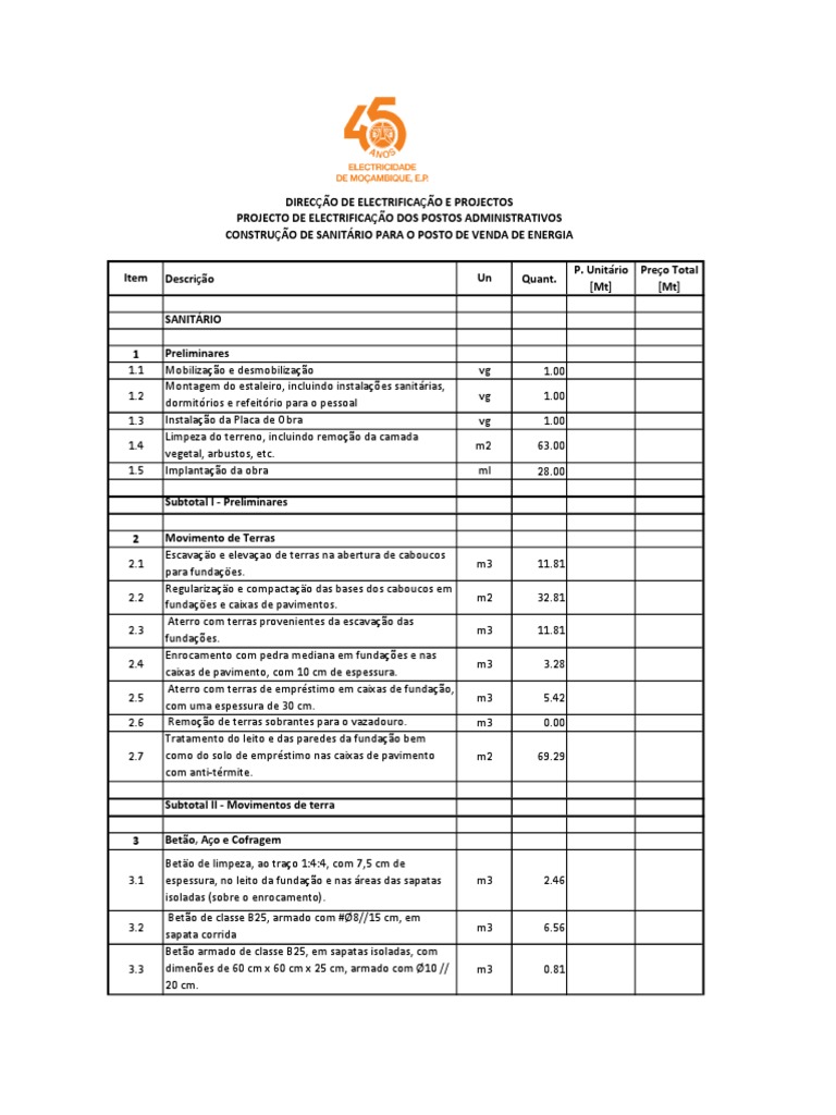 Mapa de Quantidades - Sanitário | PDF | Argamassa (alvenaria) | Alvenaria