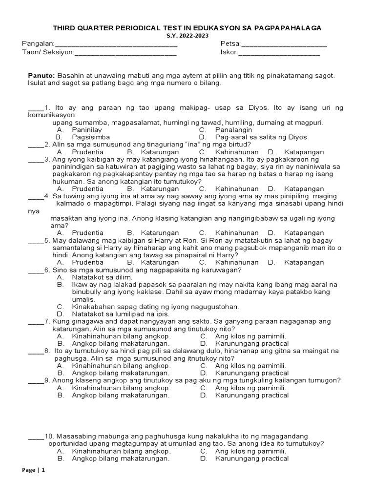 ESP 10 EXAM 3rd Quarter | PDF