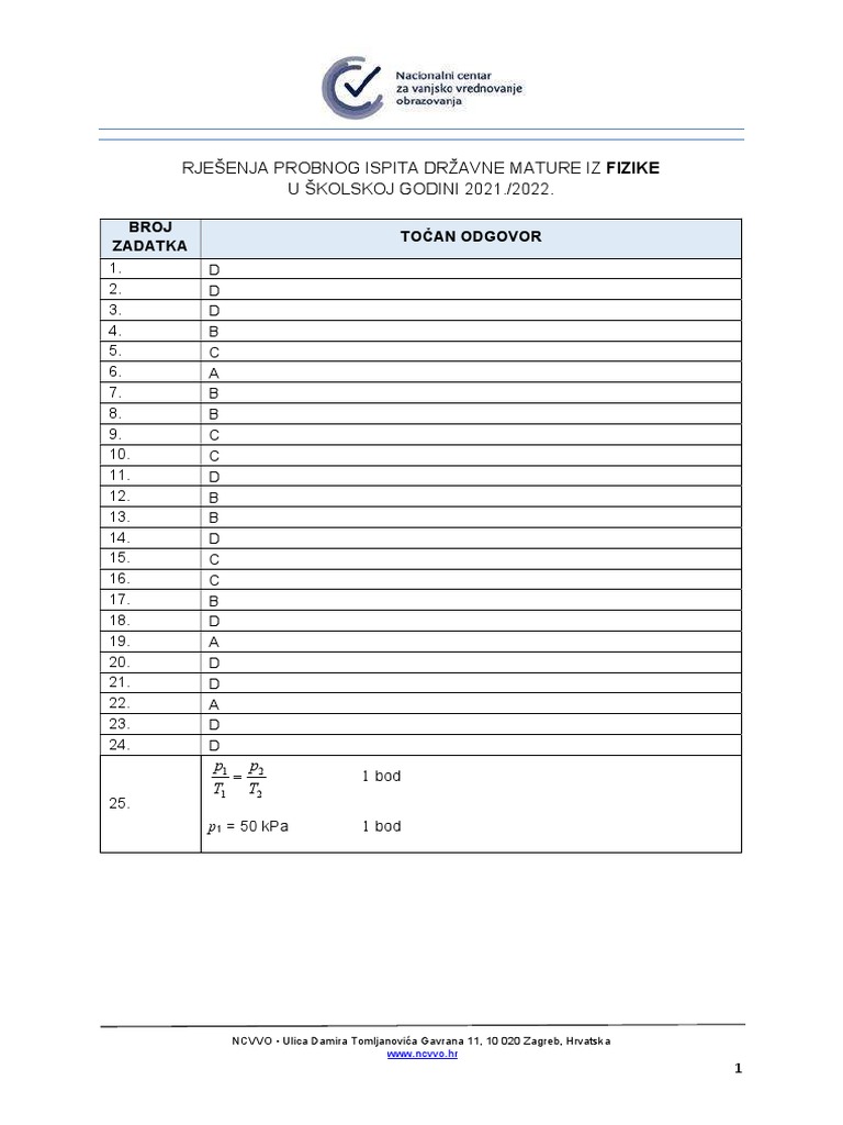 Fizika - Kljuc Za Odgovore - Probni Ispit - 2021-2022 | PDF