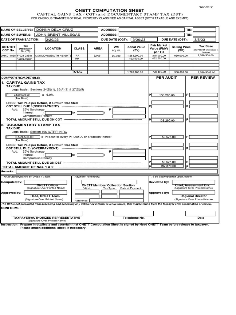 onett computation sheet (1) | PDF | Taxes | Capital Gains Tax