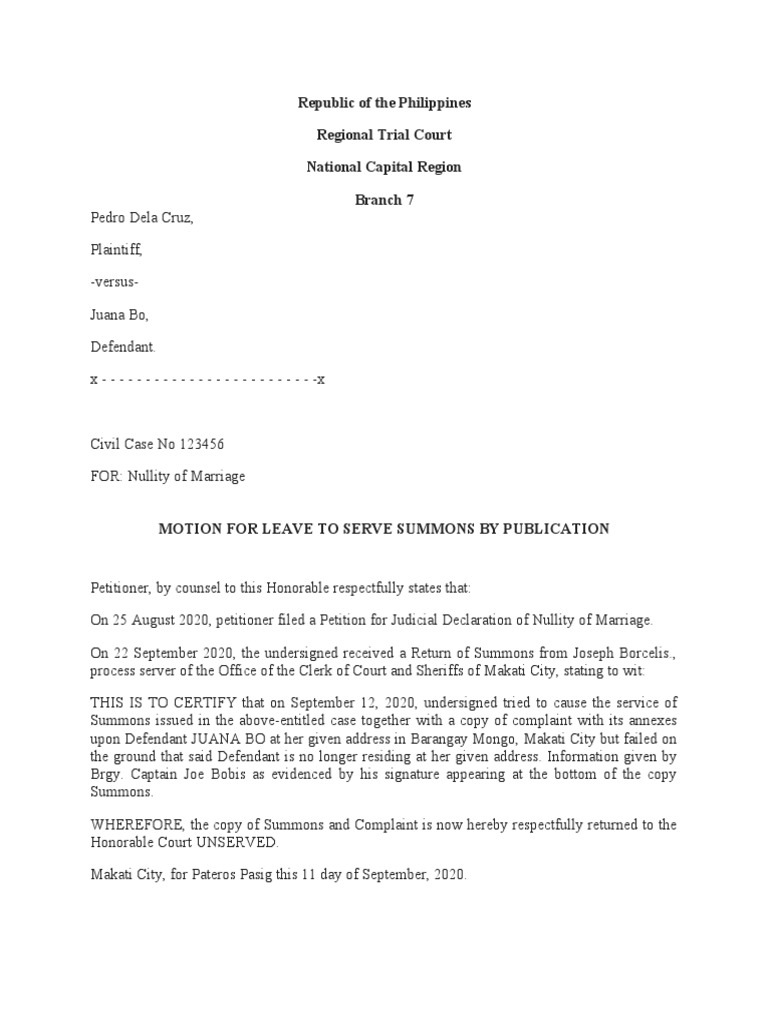 Motion For Leave To Serve Summons by Publication | PDF | Annulment ...