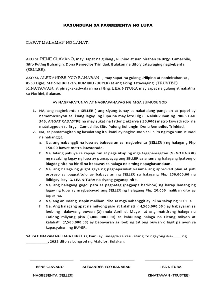 Kasunduan Sa Pagbebenta NG Lupa | PDF