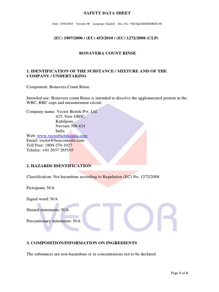 Bonavera Count Rinse Safety Data Sheet | PDF | Safety | Occupational ...