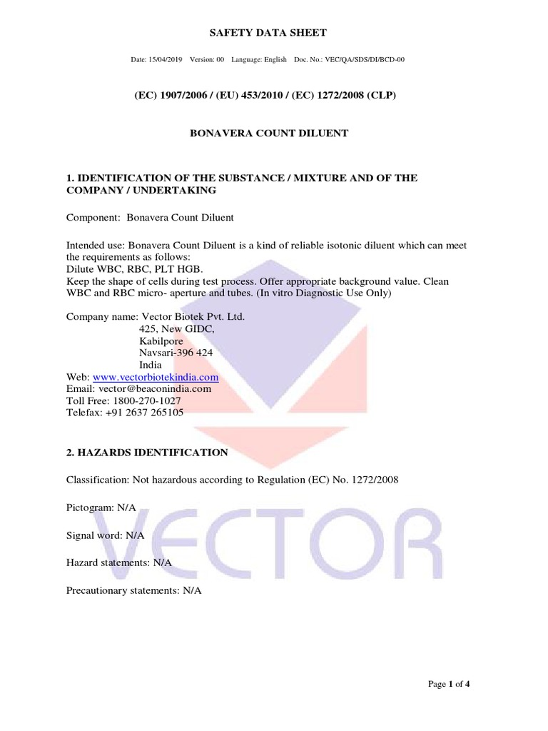 Bonavera Count Diluent | PDF | Chemistry | Occupational Safety And Health