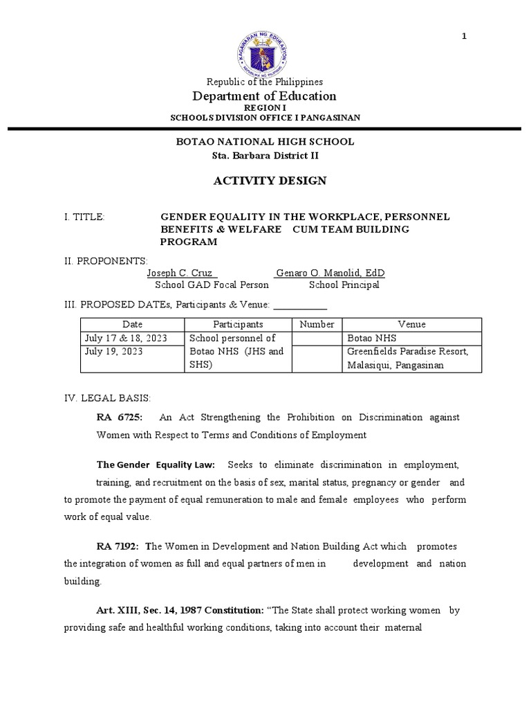 MNHS-GAD-ACTIVITY-DESIGN-2023-JULY | PDF | Employment | Gender Equality