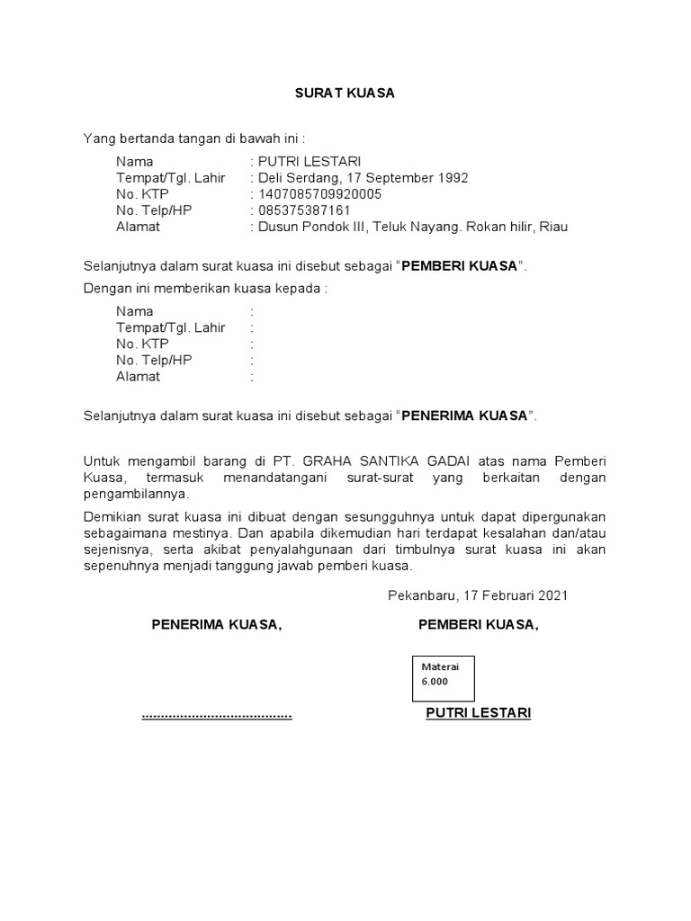 Surat Kuasa: Materai 6.000 | PDF