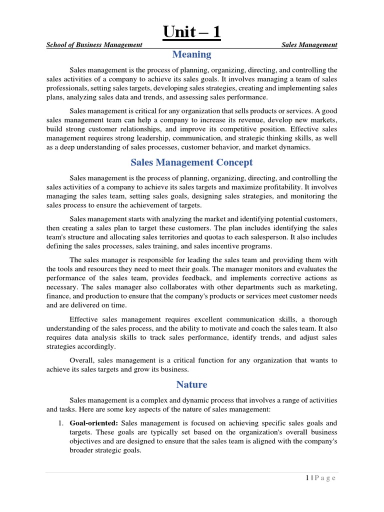 Sales Management Unit - 1 | PDF | Sales | Marketing