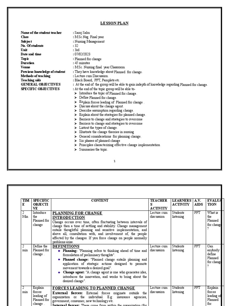 LESSON PLAN On Planning For Changes | PDF | Innovation | Thought