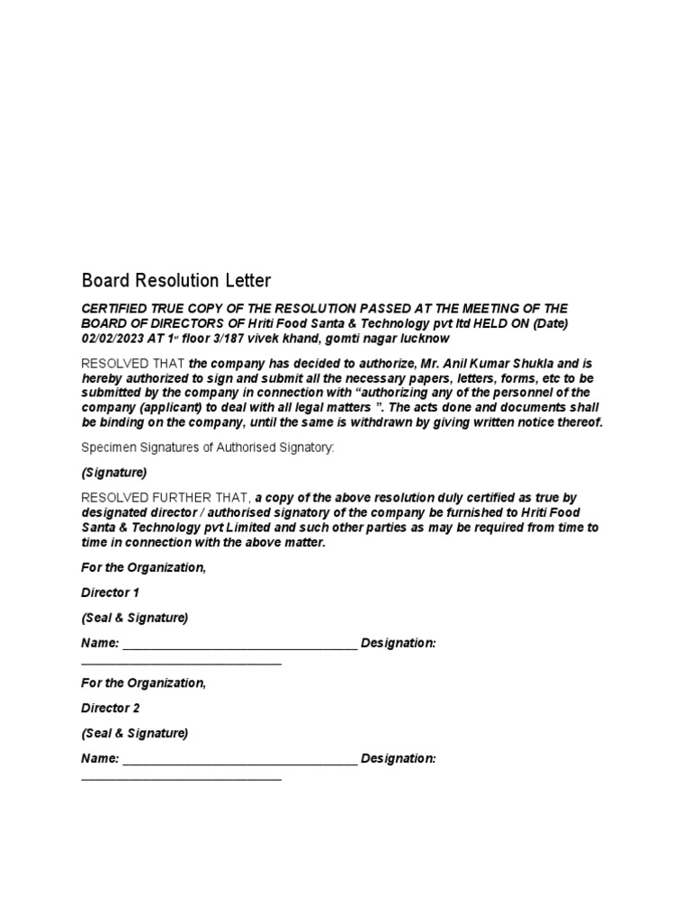 Board Resolution Letter: RESOLVED THAT The Company Has Decided To ...