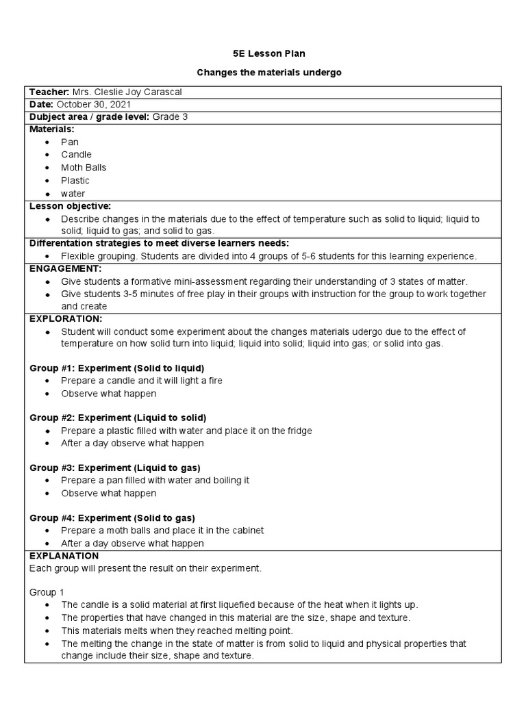 5E Lesson Plan | PDF | Liquids | Gases