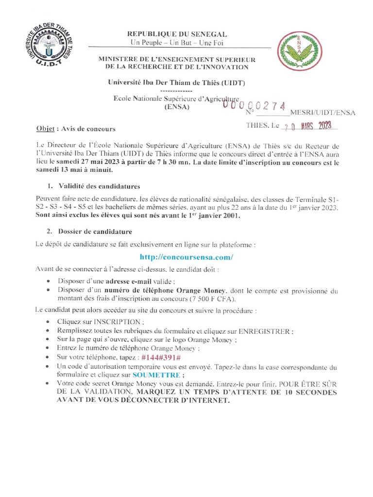 Avis de Concours D'entree Directe A L'ensa 2023 | PDF