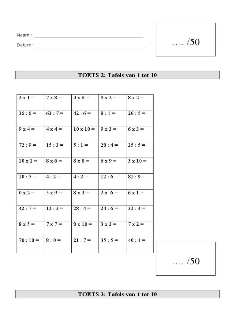 Tafels Toets 2, 3, 4, 5, 6 | PDF