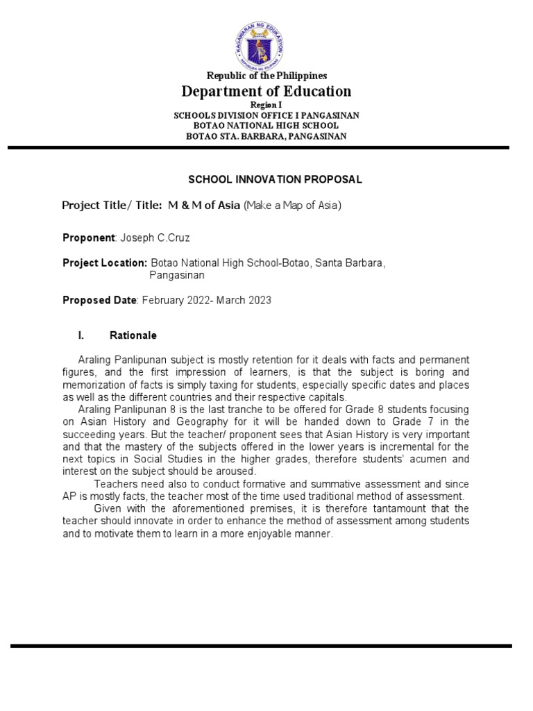 Project Proposal in Aral. Pan - Sir Joseph Cruz and Mam Anabelle de ...