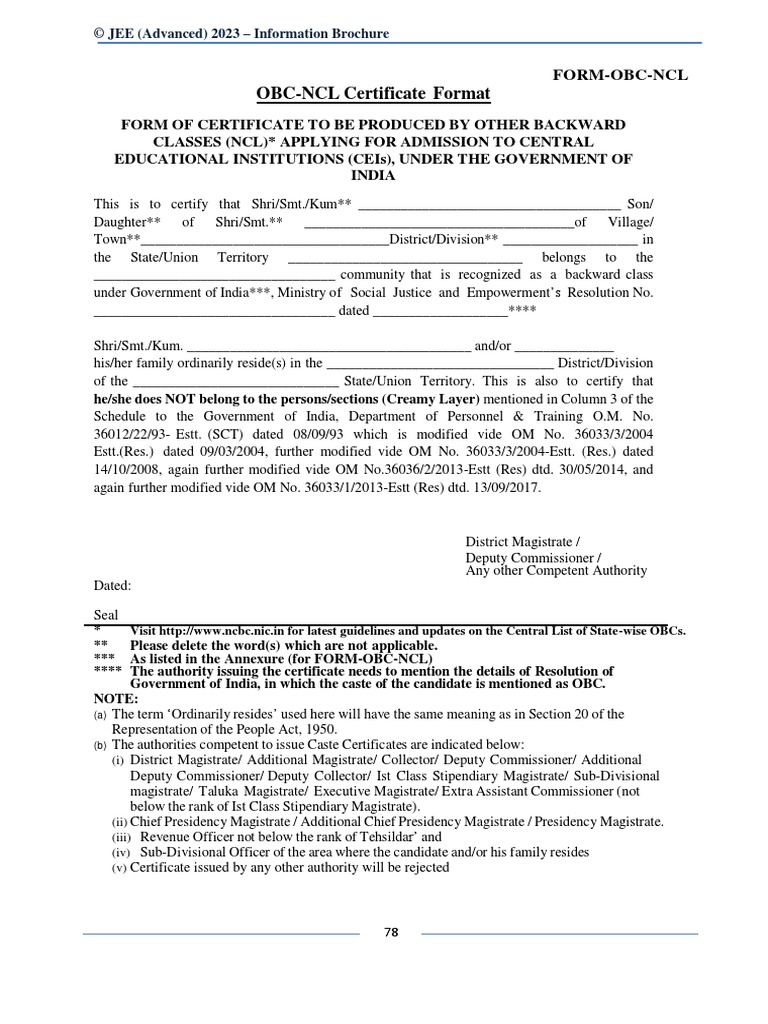 OBC-NCL Certificate Format | PDF | Social Inequality | Discrimination ...