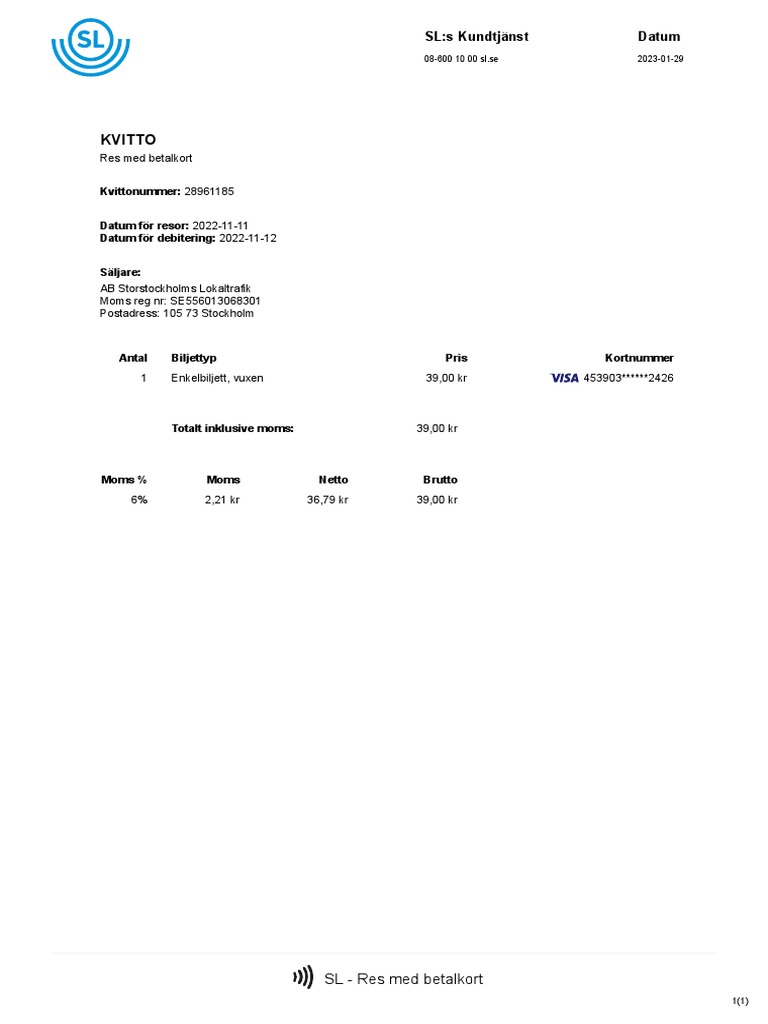 Kvitto: Res Med Betalkort | PDF