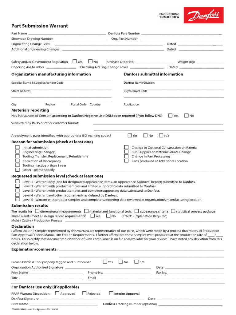 Part Submission Warrant Template | PDF