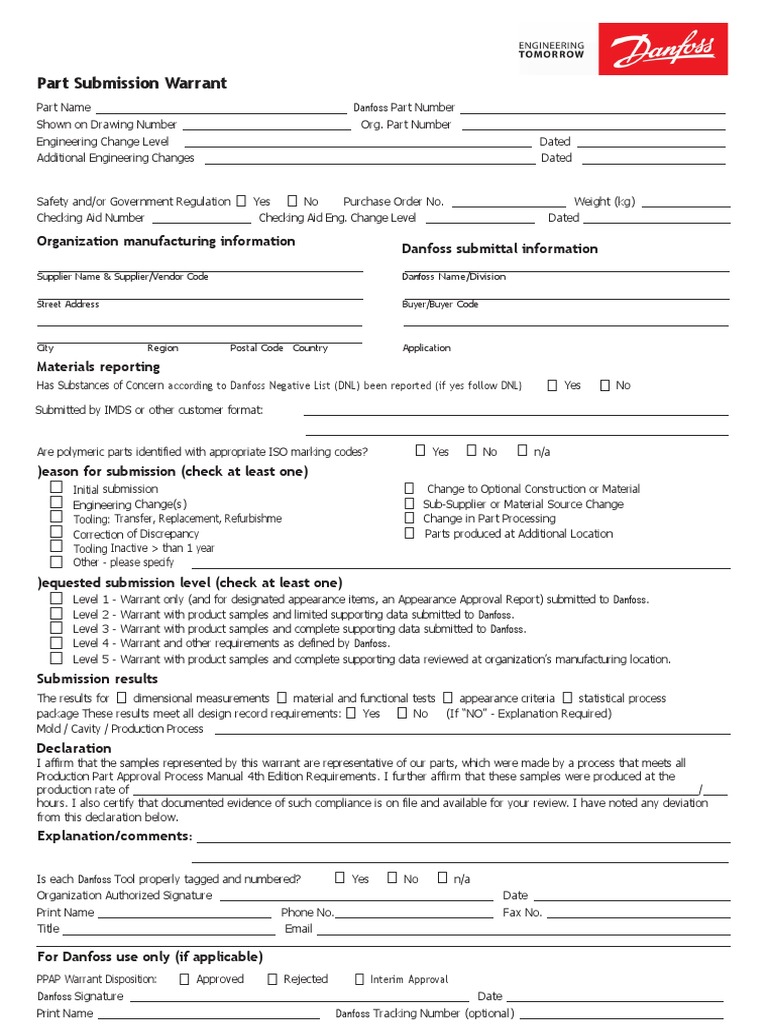 Part Submission Warrant: Danfoss | PDF | Procurement | Information ...