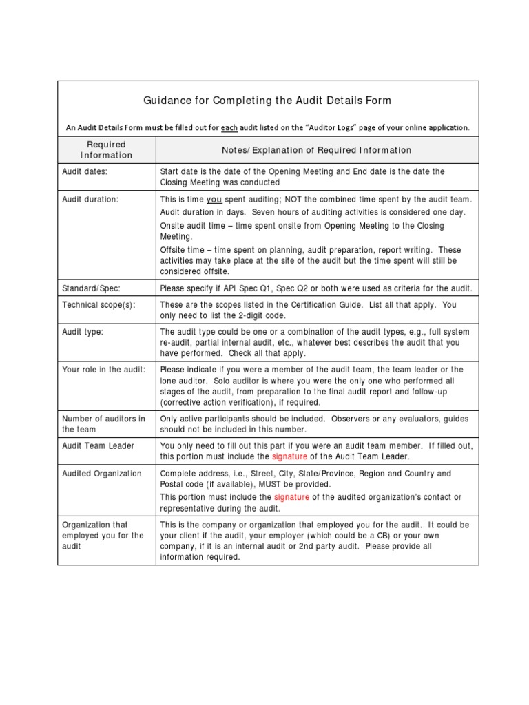 Audit Details Form Completion Guide | PDF | Audit | Service Industries