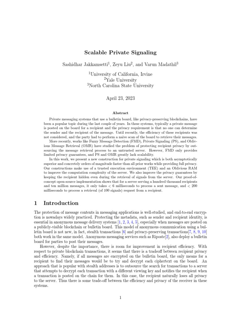 Scalable Private Signaling | PDF | Public Key Cryptography | Encryption Scalable Private Signaling | PDF | Public Key Cryptography | Encryption
