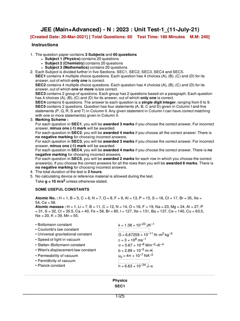 N 2023 Unit Test-1 - (11-July-21) | PDF | Atomic Orbital | Waves