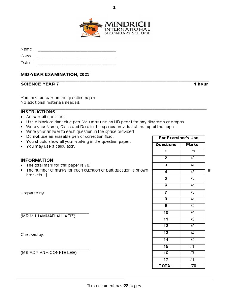 Mid-Year Examination, 2023 Science Year 7 1 Hour | PDF | Water | Nature