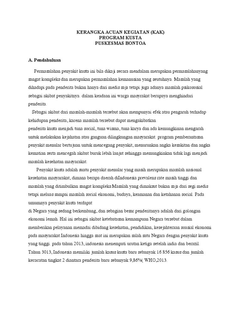 Kerangka Acuan Kegiatan (Kak) Program Kusta Puskesmas Bontoa A. Pendahuluan | PDF