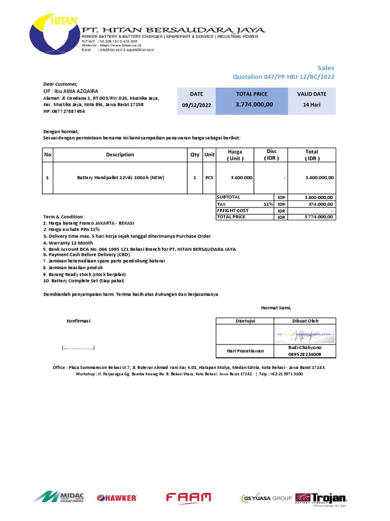 Quotation Battery HandPallet 12Vdc 100ah (NEW) | PDF