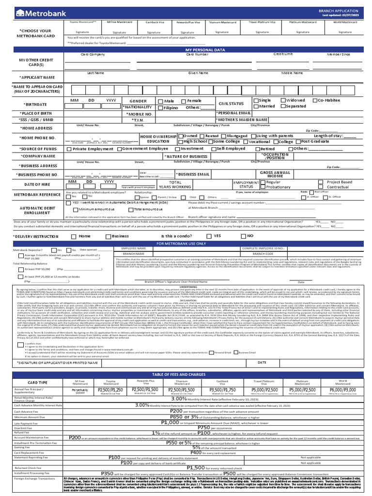 Metrobank Branch Application Form Ao Feb 2023 | PDF | Credit Card ...