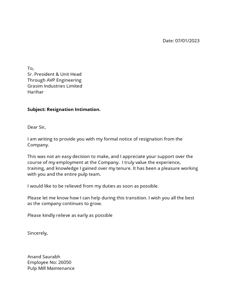 Subject: Resignation Intimation | PDF