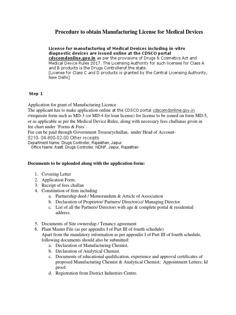 Procedure To Obtain Manufacturing License For Medical Devices | PDF | License | Medical Device