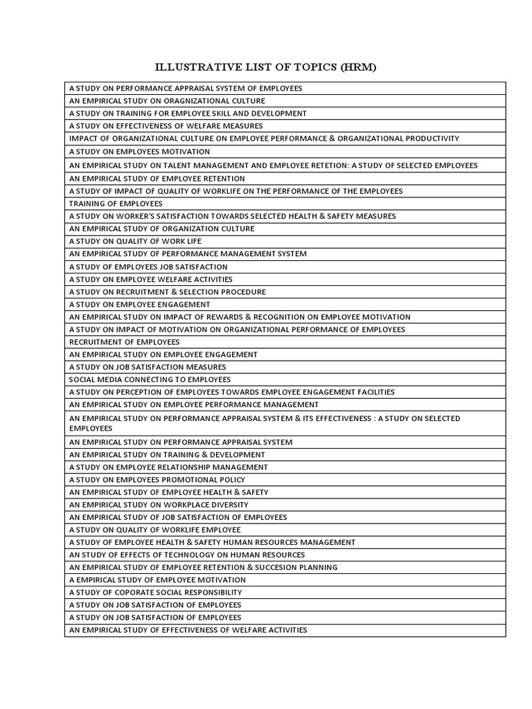 An Illustrative List of Research Topic | PDF | Human Resource ...