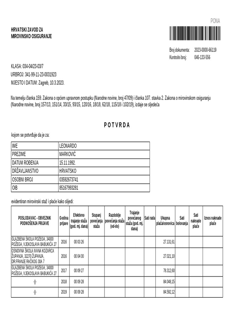 Potvrda o Stazu I Placi | PDF