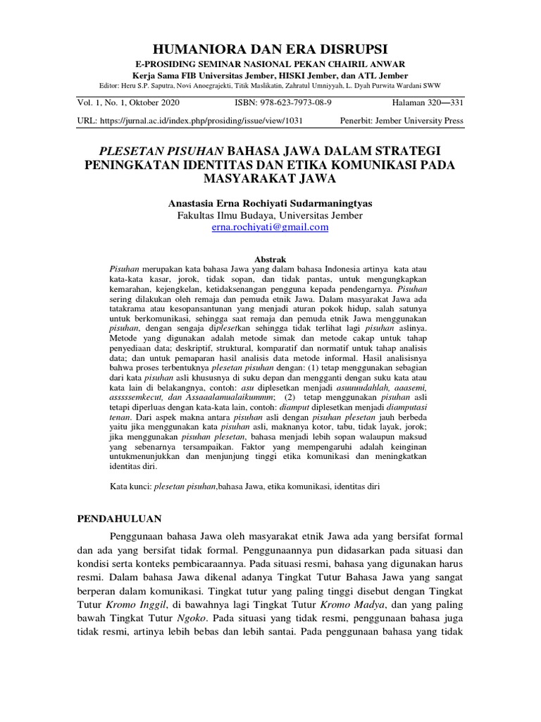 Humaniora Dan Era Disrupsi: Plesetan Pisuhan Bahasa Jawa Dalam Strategi | PDF