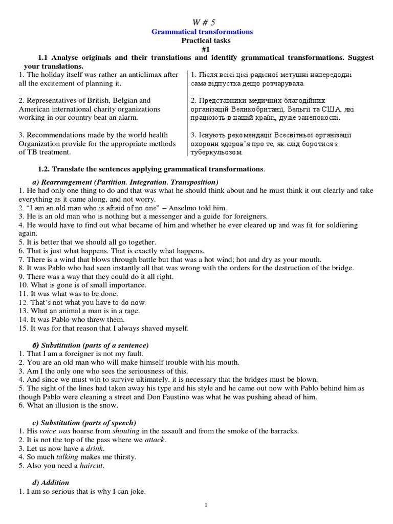 Practical Tasks #1 1.1 Analyse Originals and Their Translations and Identify Grammatical ...