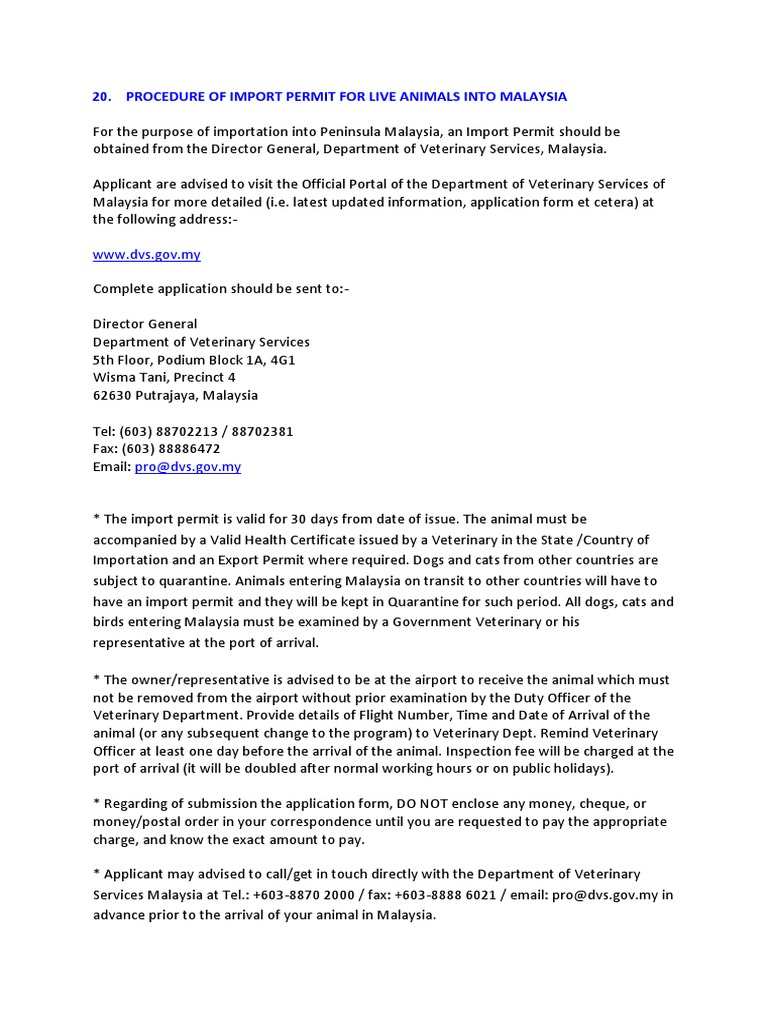 Procedure of Import Permit For Live Animals Into Malaysia | PDF