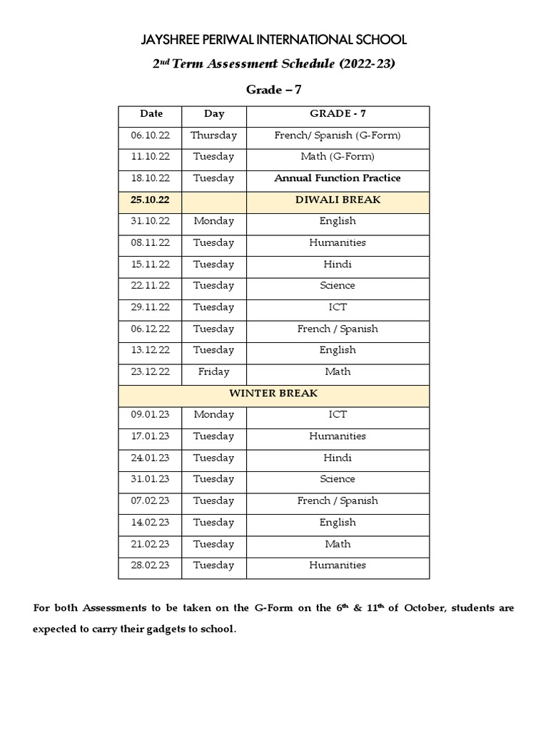 Grade - 7 - 2nd Term Assessment Schedule (2022-23) | PDF
