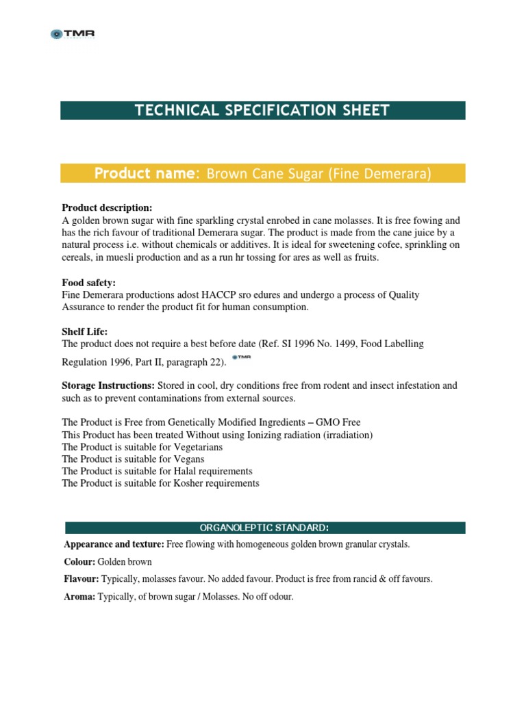 Brown Sugar Icumsa 600-1200 Specification Sheets | PDF | Brown Sugar ...