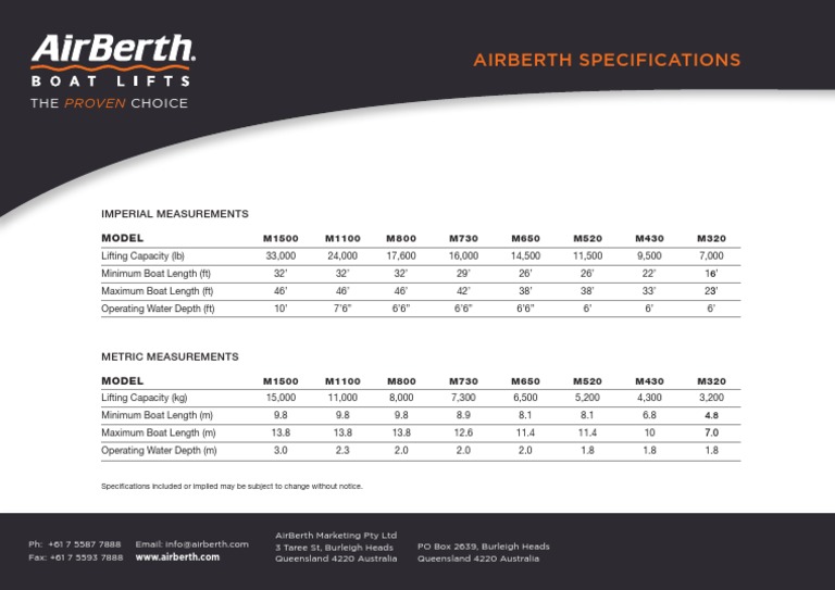 AirBerth Specifications Sheet | PDF | Quantity | Notation