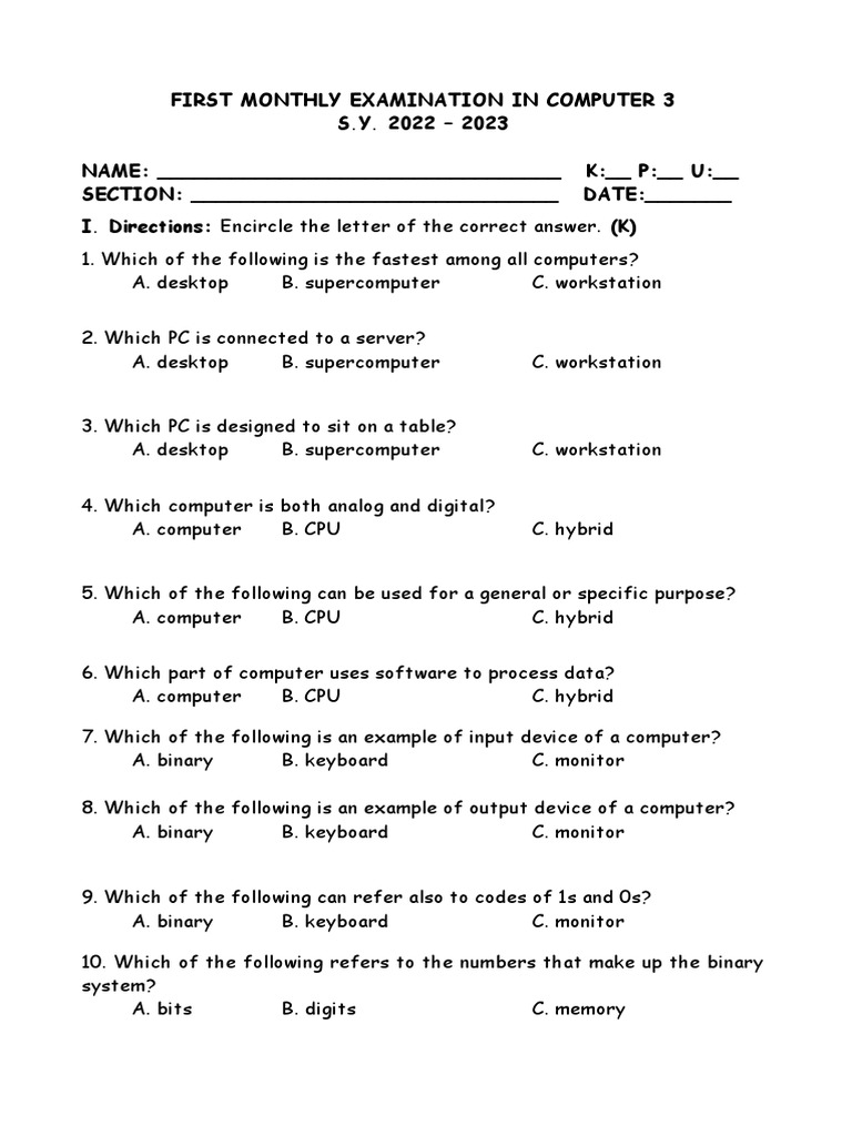 Computer Fundamentals: Results and Analysis of Students' First Monthly Examination | PDF ...