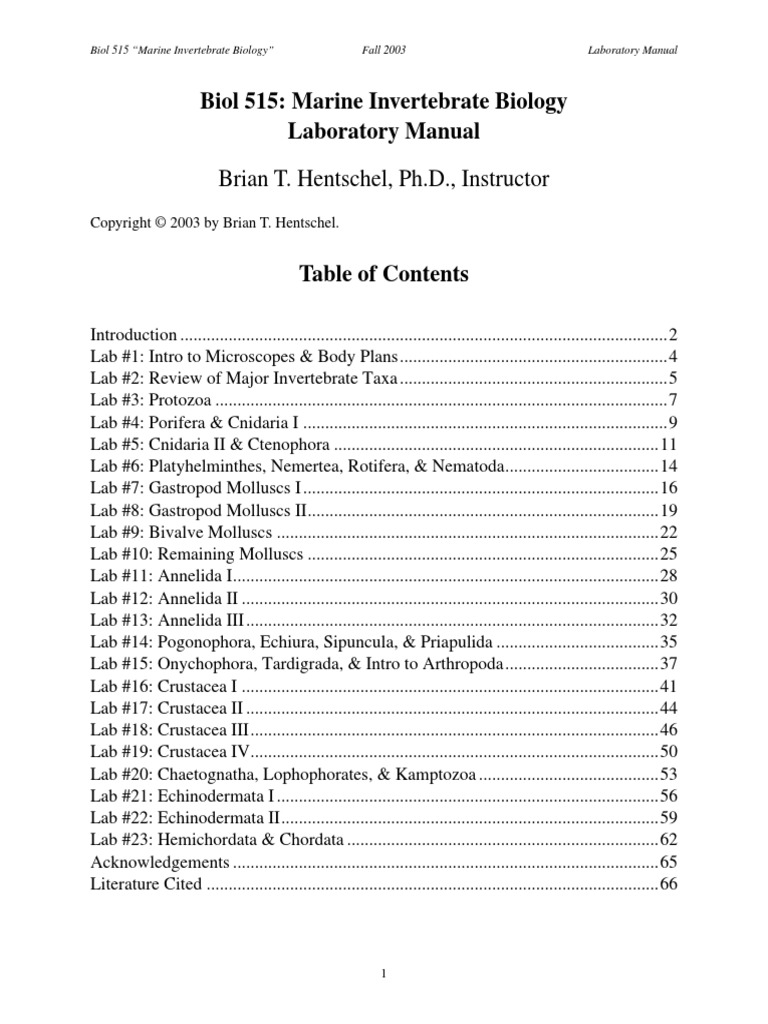 Hentschel B T - Marine Invertebrate Biology Laboratory Manual | PDF ...