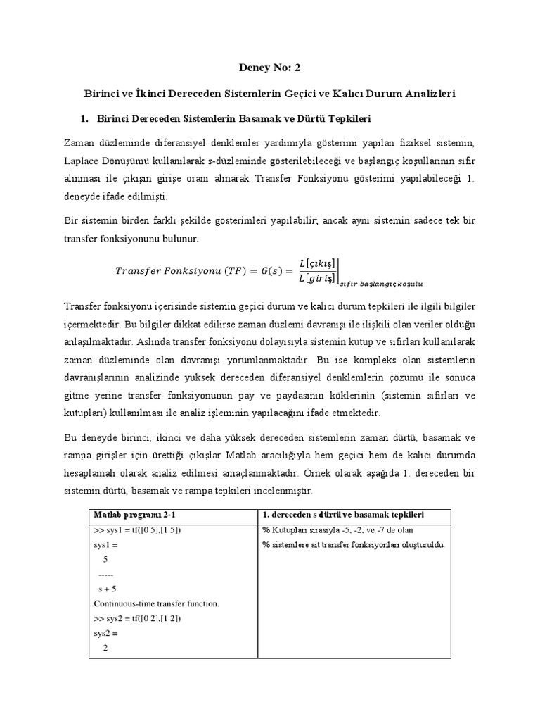 Deney No 2 Birinci Ve Ikinci Dereceden Sistemlerin Gecici Ve Kalici Durum Analizleri 27022020 | PDF