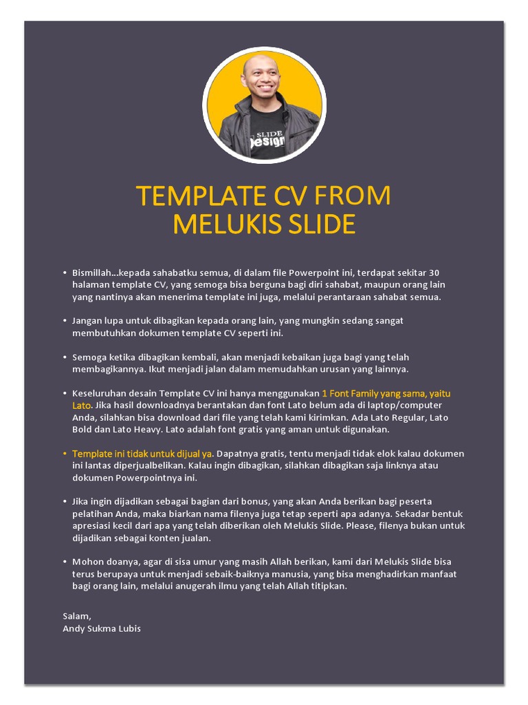 Template CV From Melukis Slide: 1 Font Family Yang Sama, Yaitu Lato | PDF