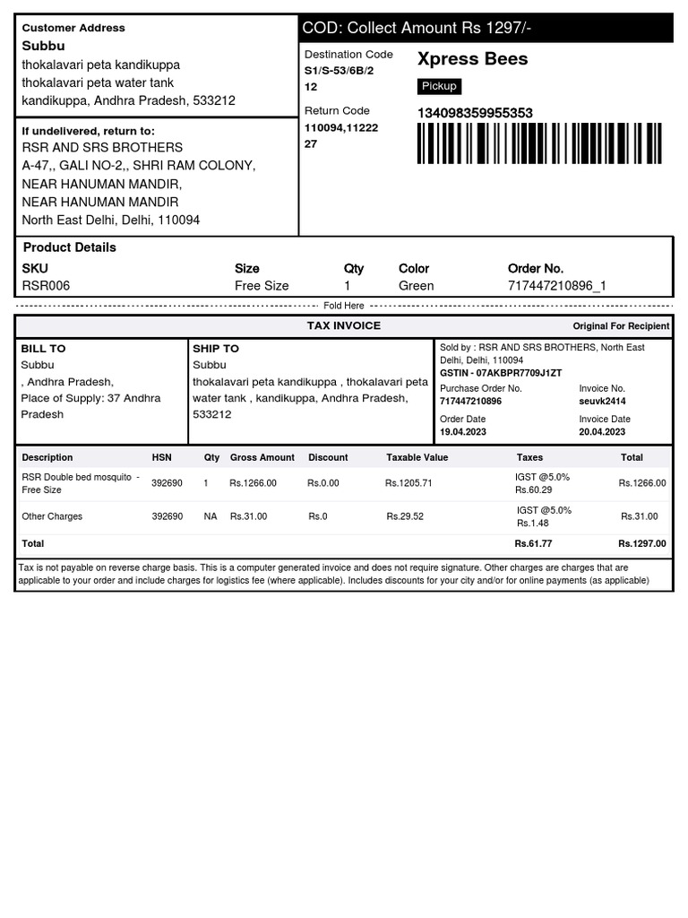 Xpress Bees: COD: Collect Amount Rs 1297 | PDF | Invoice | Business