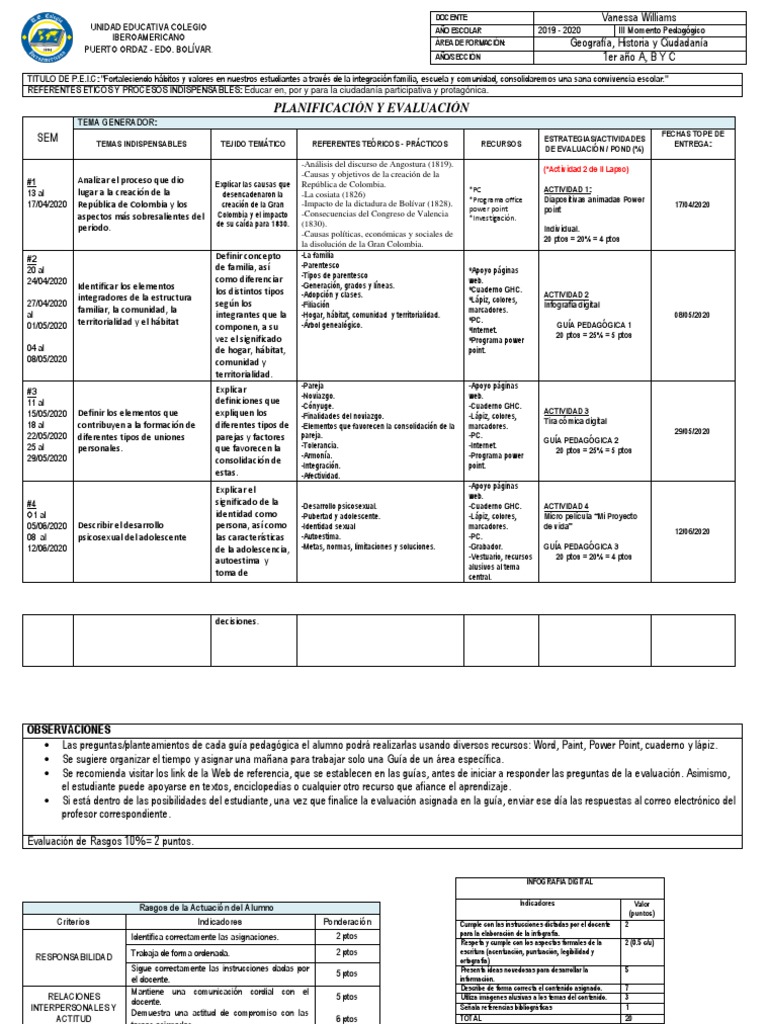 Plan Iii Lapso GHC 1er Año | PDF | Evaluación | Colombia
