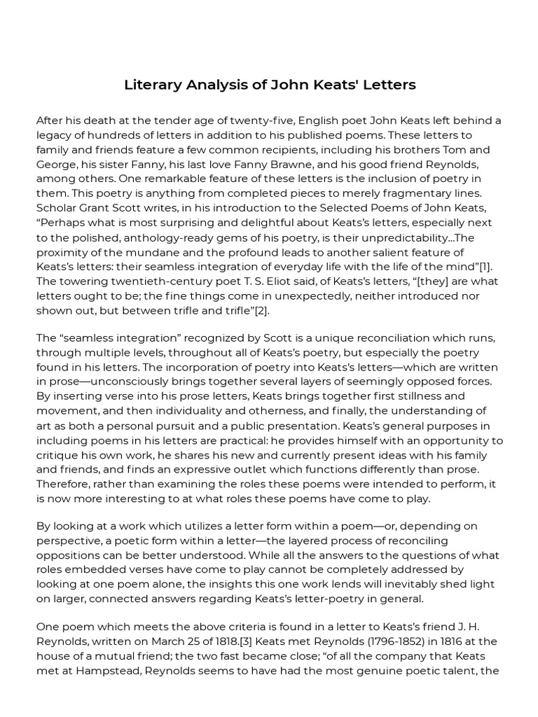 Literary Analysis of John Keats' Letters_ [Essay Example], 3978 words ...
