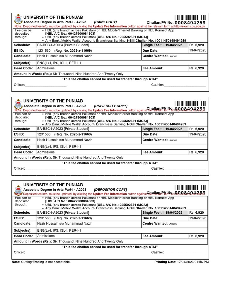 University of The Punjab: Challan/PV No | PDF | Banks | Computing