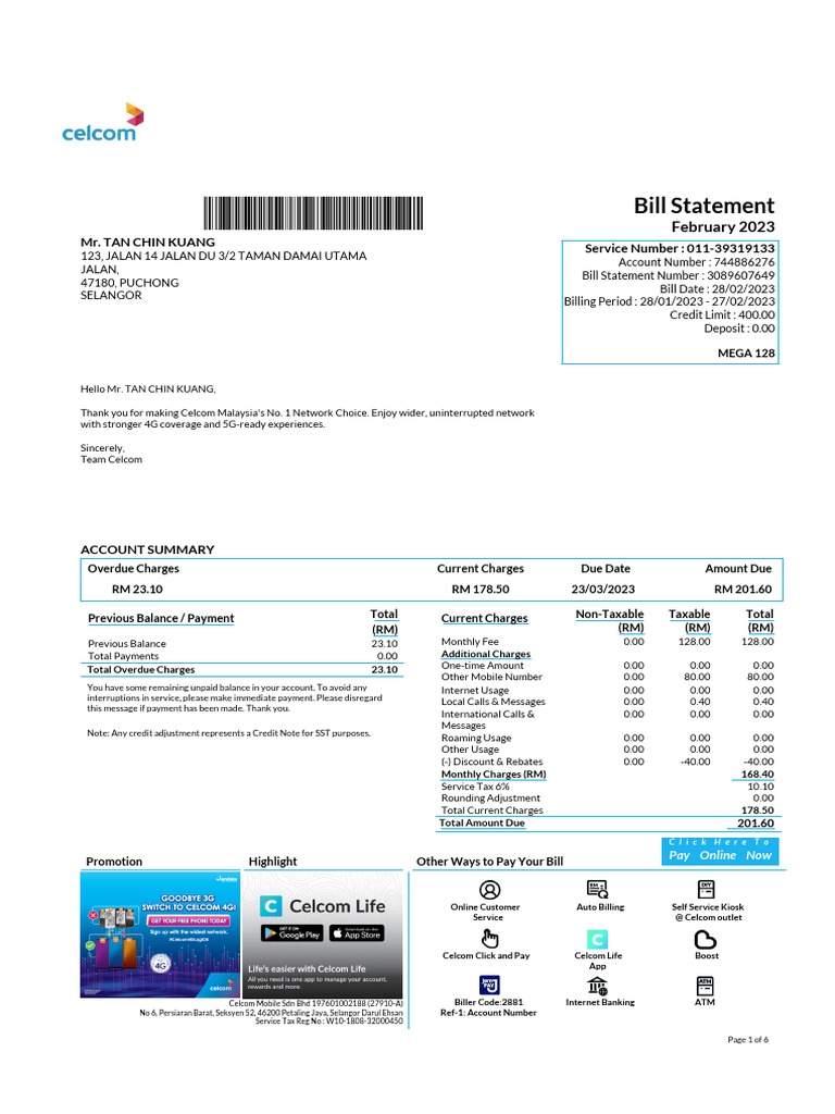 Celcom Bill Statement | PDF | Subscription Business Model | Payments
