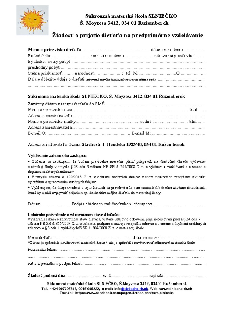 Ziadost o Prijatie Dietata Do SMS Slniecko | PDF