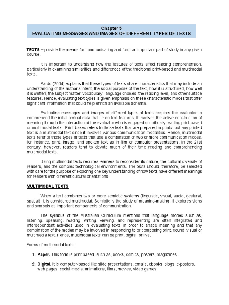 Evaluating Messages and Images of Different Types of Texts | PDF | Mass ...