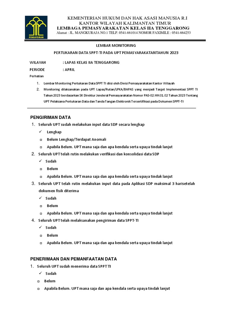 Baru Periode April 2023 - Lembar Monitoring Pertukaran Data SPPT Ti Pada Upt Pemasyarakatan ...